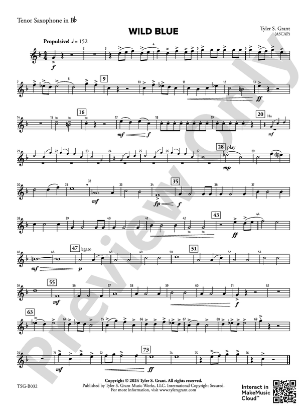 Wild Blue: B-flat Tenor Saxophone: B-flat Tenor Saxophone Part: Tyler S. Grant - Digital Sheet ...