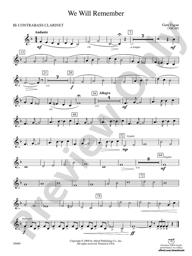 We Will Remember: (wp) B-flat Contrabass Clarinet: (wp) B-flat Contrabass Clarinet World Part ...