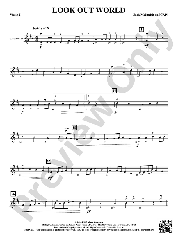 Look Out World: 1st Violin: 1st Violin Part: Josh McInnish - Digital ...