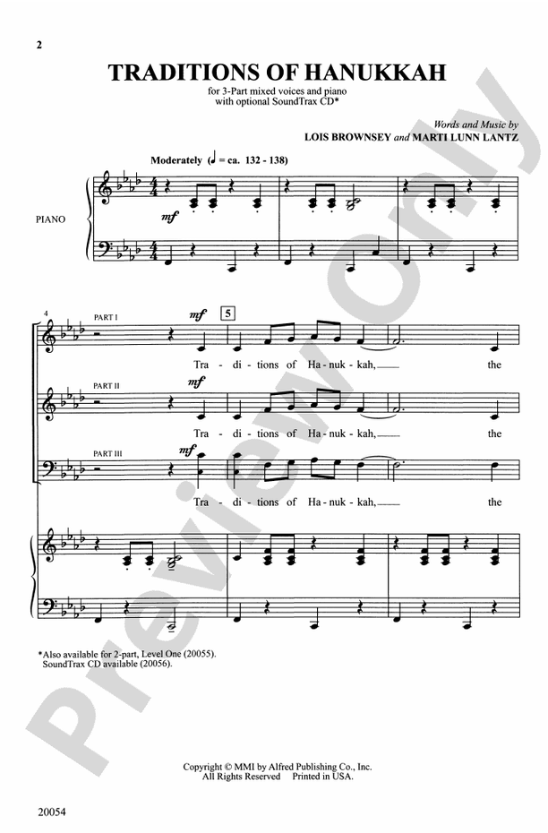 Traditions Of Hanukkah 3 Part Mixed Choral Octavo Lois Brownsey