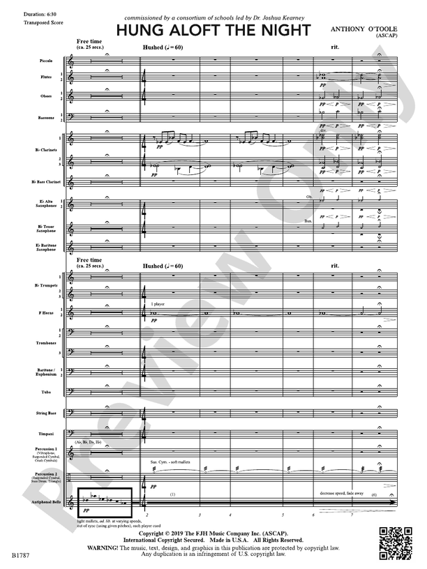 hung aloft the night: Score: Concert Band Score: Anthony O'Toole ...