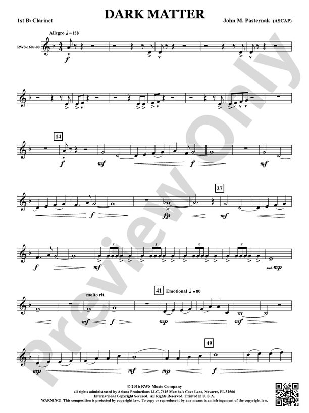 Dark Matter: 1st B-flat Clarinet: 1st B-flat Clarinet Part: John M ...
