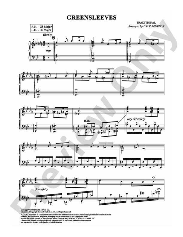 Greensleeves: Piano: Dave Brubeck - Digital Sheet Music Download