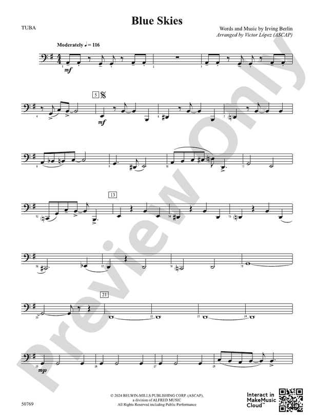 Blue Skies: Tuba: Tuba Part - Digital Sheet Music Download