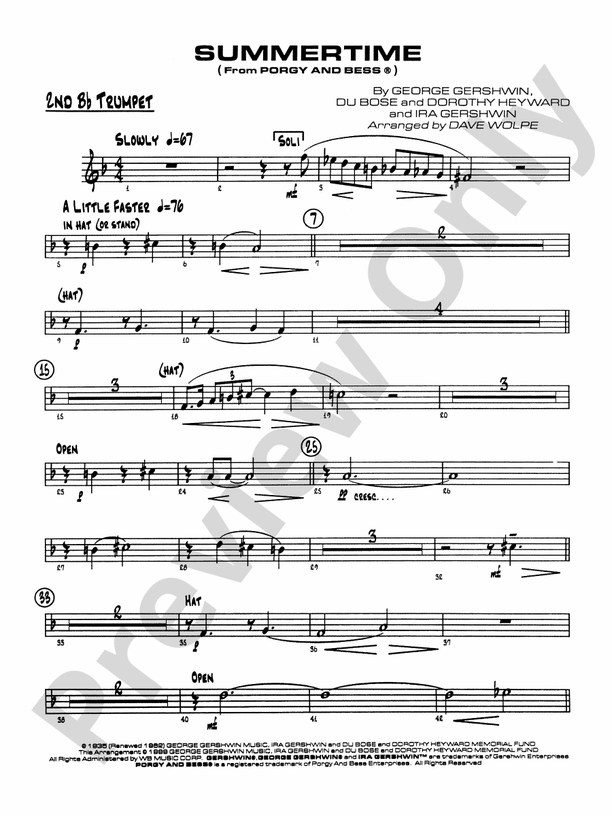 Summertime: 2nd B-flat Trumpet: 2nd B-flat Trumpet Part - Digital Sheet Music Download