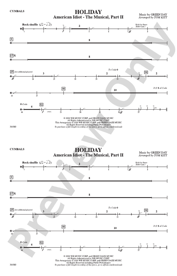 Holiday: Cymbals: Cymbals Part - Digital Sheet Music Download