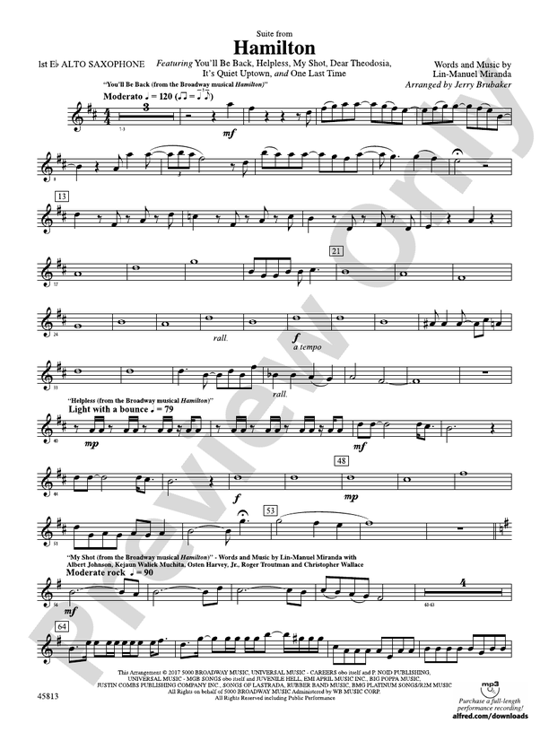 Hamilton, Suite from: E-flat Alto Saxophone: E-flat Alto Saxophone Part ...