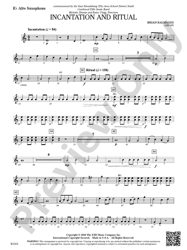 Incantation and Ritual: E-flat Alto Saxophone: E-flat Alto Saxophone Part: Brian Balmages ...
