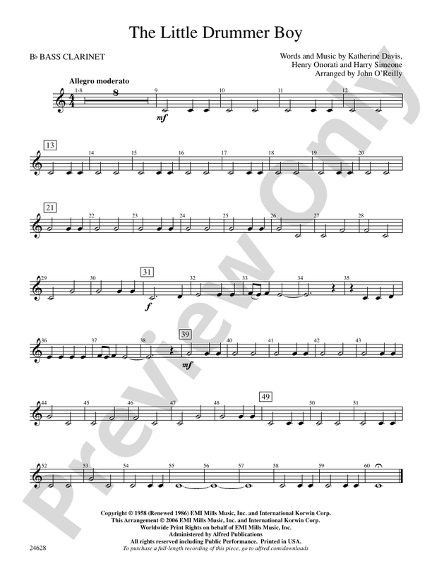The Little Drummer Boy: B-flat Bass Clarinet: B-flat Bass Clarinet Part ...
