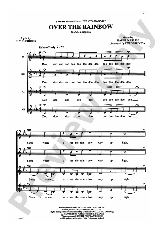 Over the Rainbow: SSAA, a cappella Choral Octavo: Harold Arlen ...