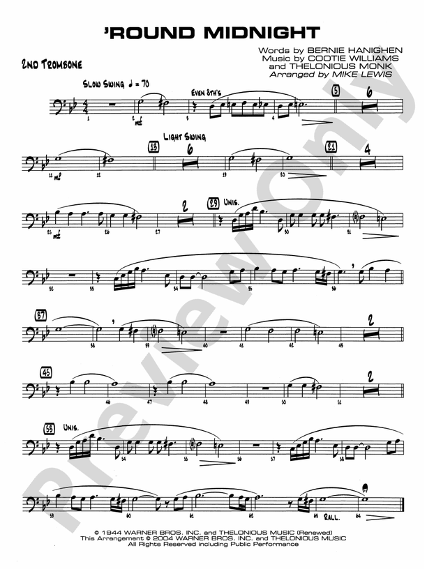 'Round Midnight: 2nd Trombone: 2nd Trombone Part - Digital Sheet Music Download