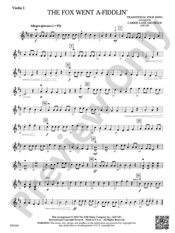 The Fox Went A-Fiddlin': Violin 1: Violin 1 Part: Carrie Lane Gruselle ...