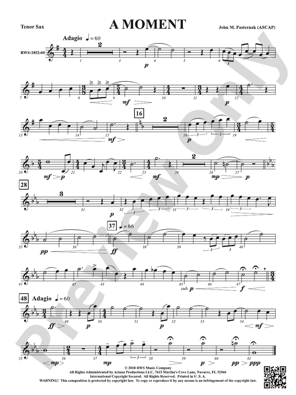 A Moment B Flat Tenor Saxophone B Flat Tenor Saxophone Part John M 8202