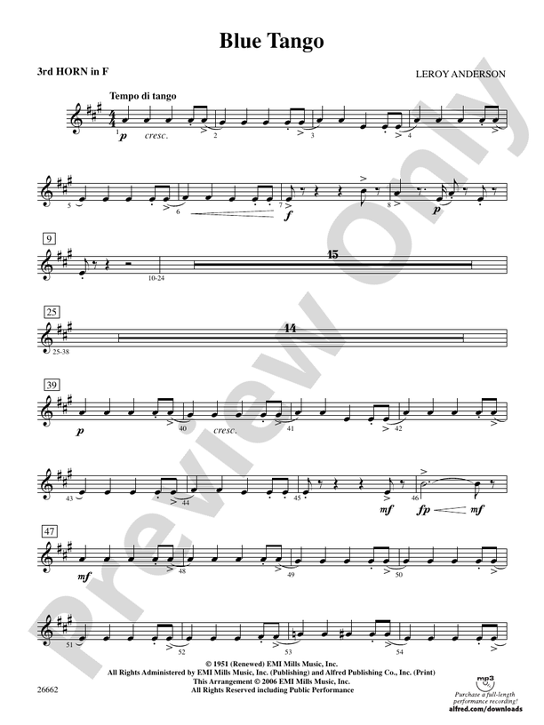 Blue Tango: 3rd F Horn: 3rd F Horn Part - Digital Sheet Music Download