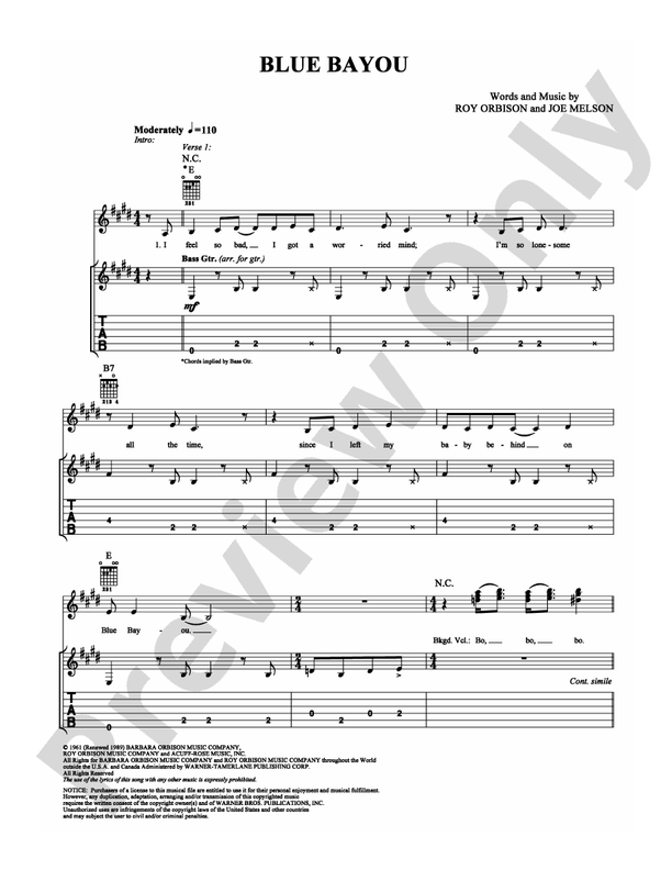 Blue Bayou: Easy Guitar: Roy Orbison - Digital Sheet Music Download