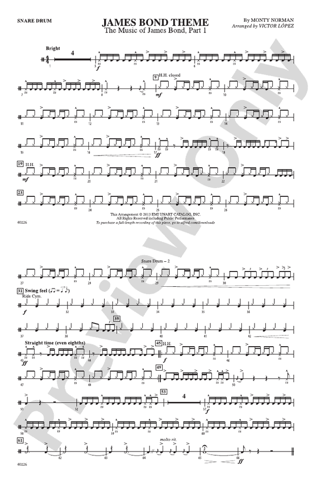 James Bond Theme: Snare Drum: Snare Drum Part - Digital Sheet Music ...