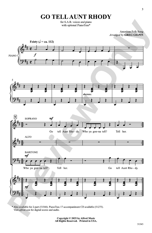 Go Tell Aunt Rhody: SAB Choral Octavo - Digital Sheet Music Download