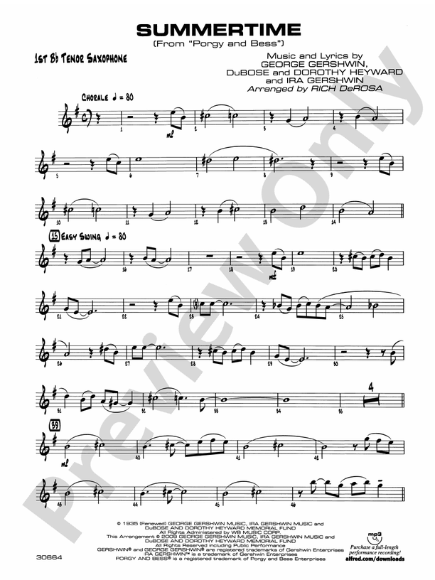 Summertime: B-flat Tenor Saxophone: B-flat Tenor Saxophone Part - Digital Sheet Music Download