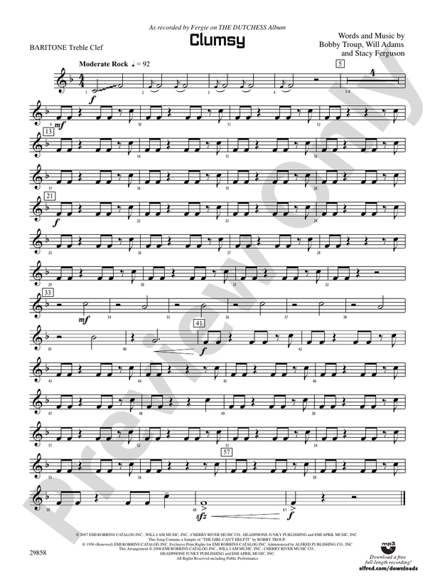 Clumsy (as recorded by Fergie on the album The Dutchess): Baritone T.C.: Baritone T.C. Part ...