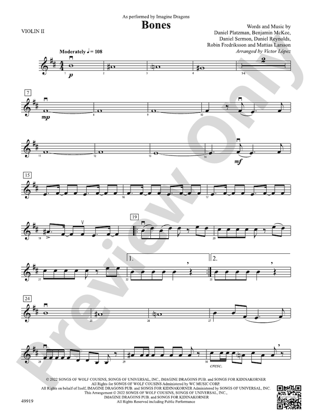 Bones: 2nd Violin: 2nd Violin Part - Digital Sheet Music Download