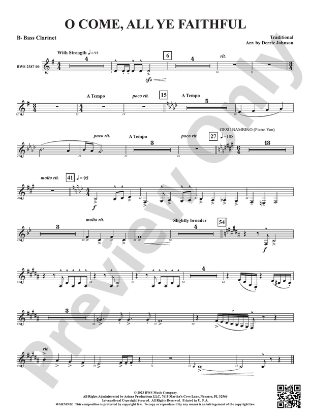 O Come, All Ye Faithful: B-flat Bass Clarinet: B-flat Bass Clarinet Part - Digital Sheet Music ...