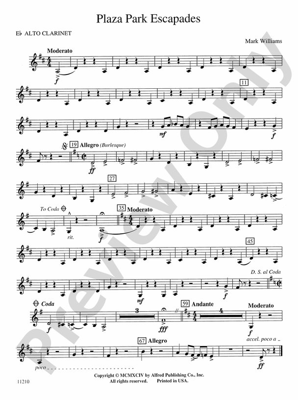 Plaza Park Escapades: E-flat Alto Clarinet: E-flat Alto Clarinet Part - Digital Sheet Music Download