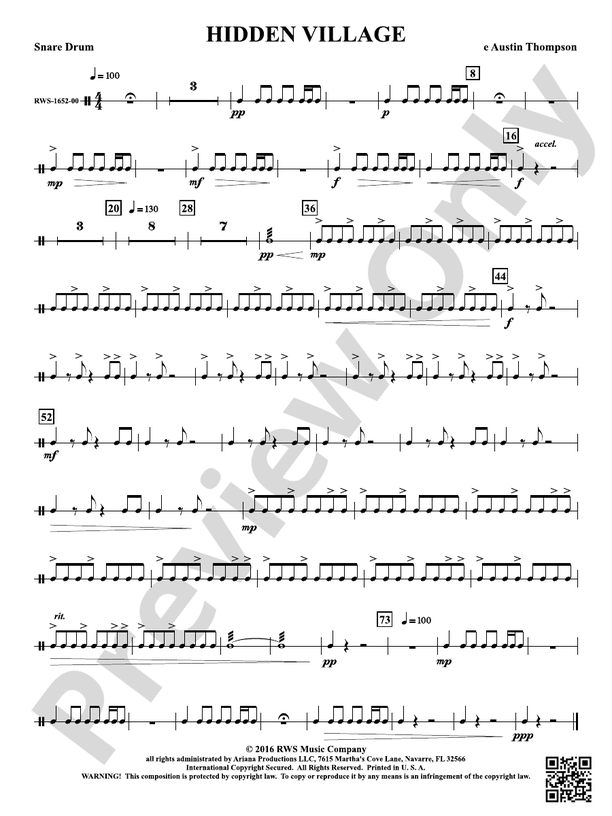 Hidden Village: Snare Drum: Snare Drum Part: e Austin Thompson ...