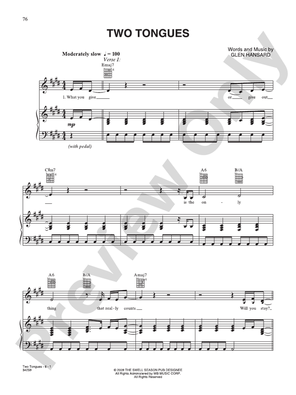 Two Tongues: Piano/Vocal/Chords: Swell Season - Digital Sheet Music ...