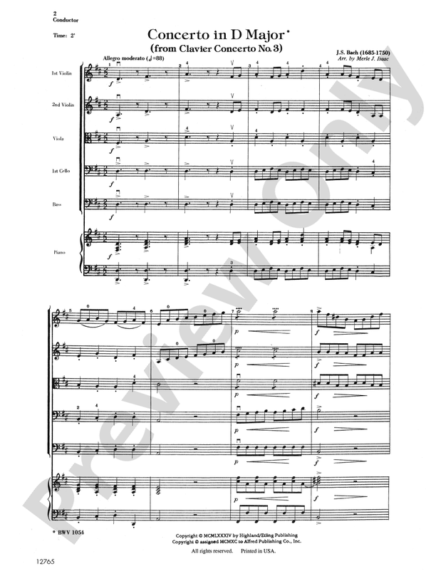 Concerto in D Major (from Clavier Concerto No. 3): Score: String ...
