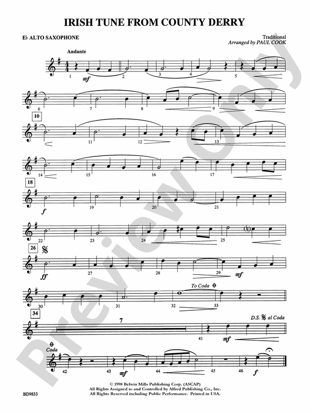 Irish Tune from County Derry: E-flat Alto Saxophone: E-flat Alto ...