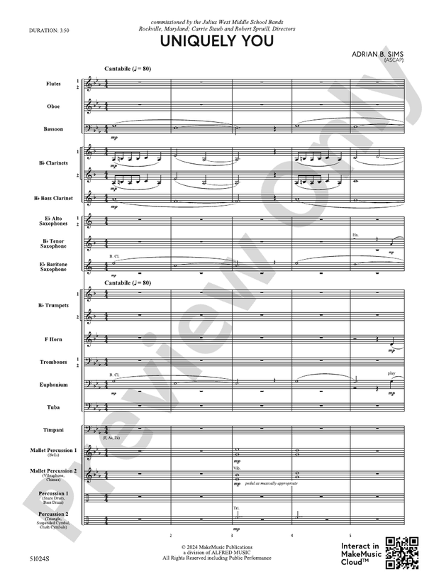 Uniquely You: Concert Band Conductor Score & Parts: Adrian B. Sims ...