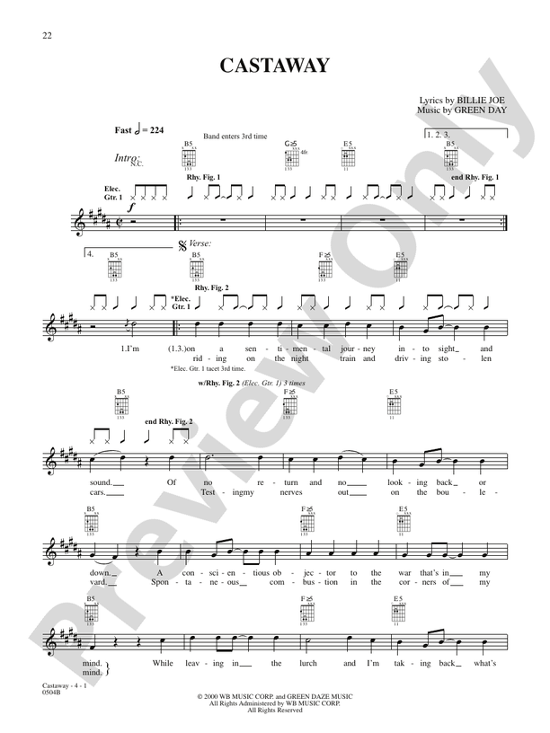 Castaway: Guitar: Green Day - Digital Sheet Music Download