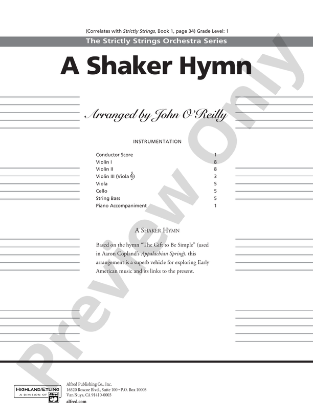 A Shaker Hymn: Score: String Orchestra Score - Digital Sheet Music Download