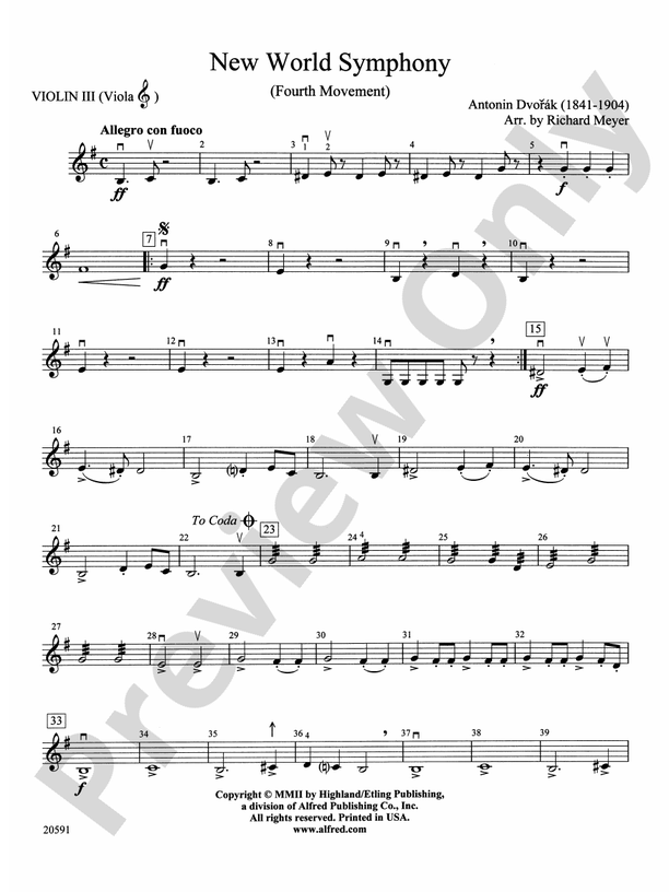 New World Symphony (Fourth Movement): 3rd Violin (Viola [TC]): 3rd Violin (Viola [TC]) Part ...