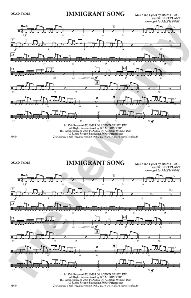 Immigrant Song: Quad-Toms: Quad-Toms Part - Digital Sheet Music Download