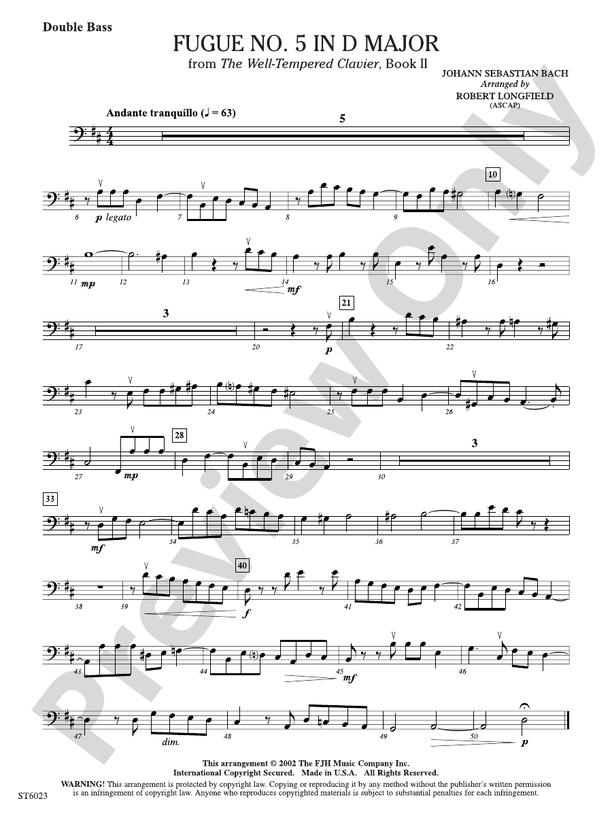Fugue No. 5 in D Major: Double Bass: Double Bass Part: Johann Sebastian ...