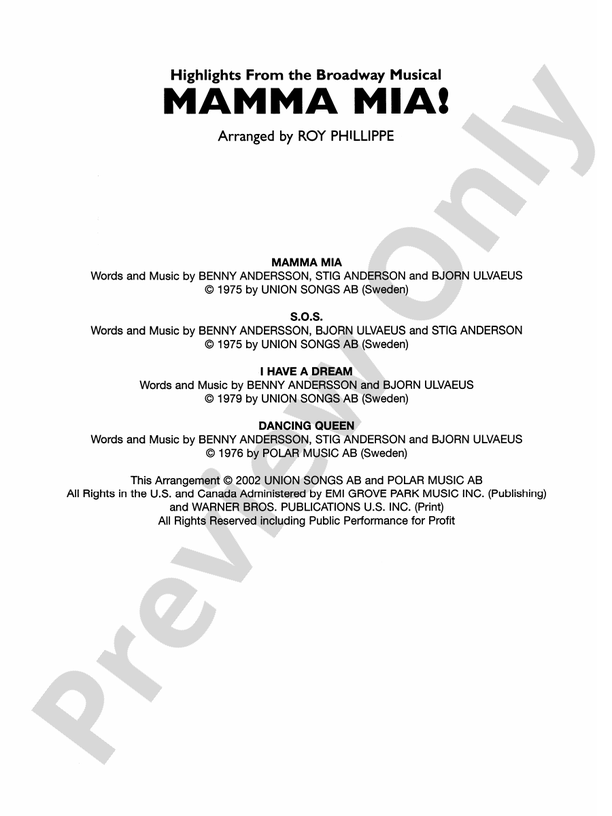 Mamma Mia! -- Highlights from the Broadway Musical: Score: Concert Band Score - Digital Sheet ...
