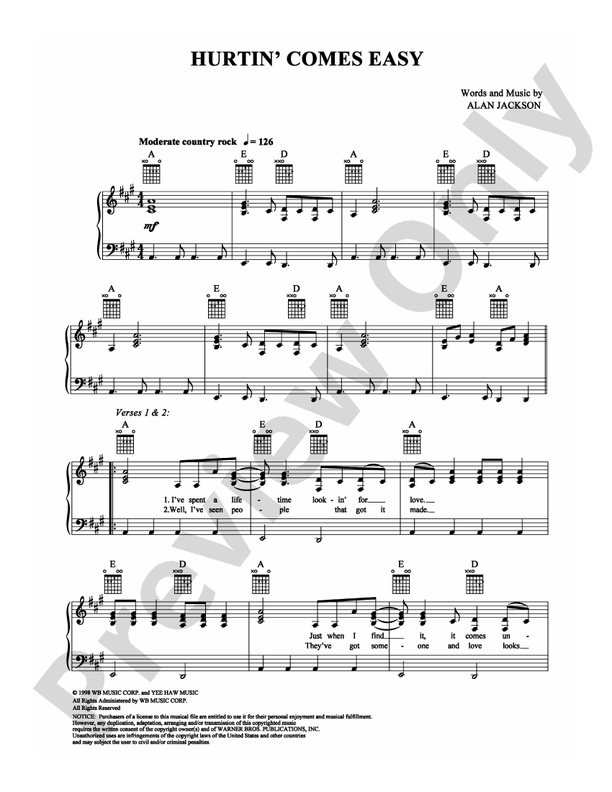 Hurtin' Comes Easy: Piano/Vocal/Chords: Alan Jackson - Digital Sheet ...