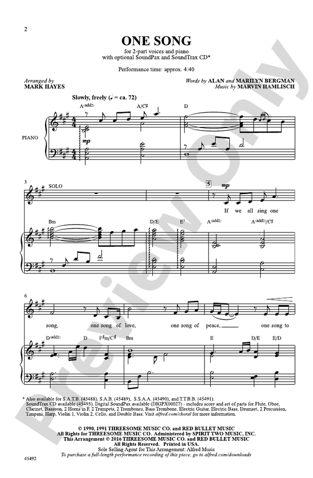 One Song: 2-Part & Opt. Solo Choral Octavo: Marvin Hamlisch - Digital ...