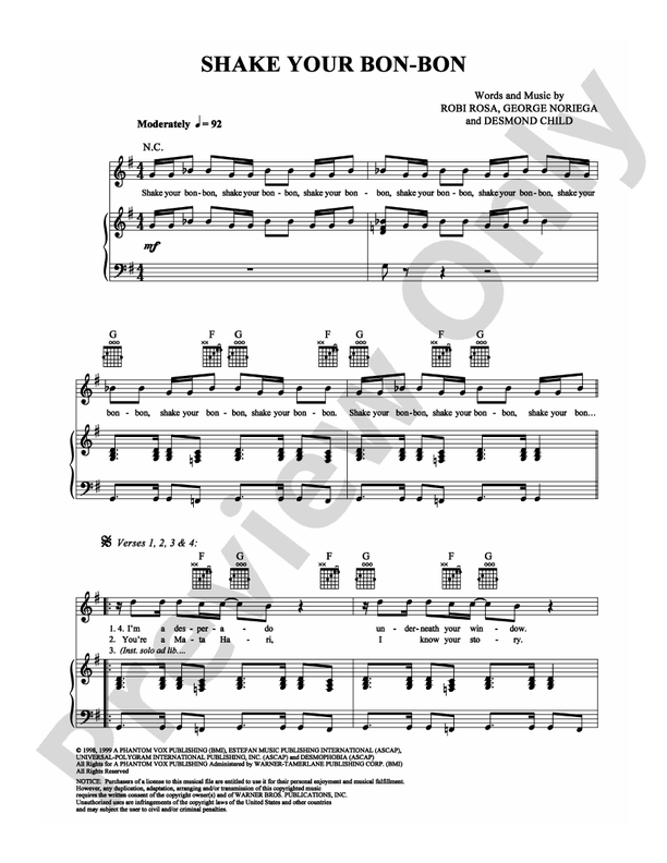 Shake Your Bon-Bon: Piano/Vocal/Chords: Ricky Martin - Digital Sheet ...