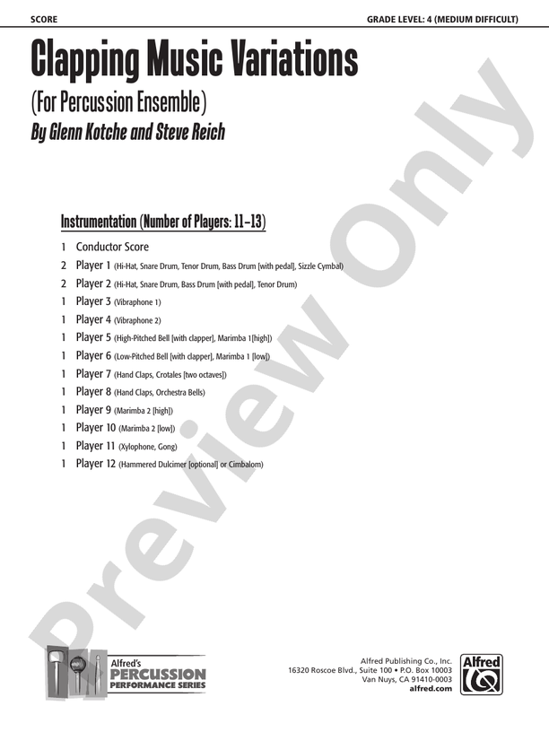 Clapping Music Variations: Percussion Ensemble Score & Parts: Glenn ...