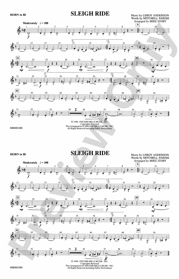 Sleigh Ride: Horn in B flat: Horn in B flat Part - Digital Sheet Music ...