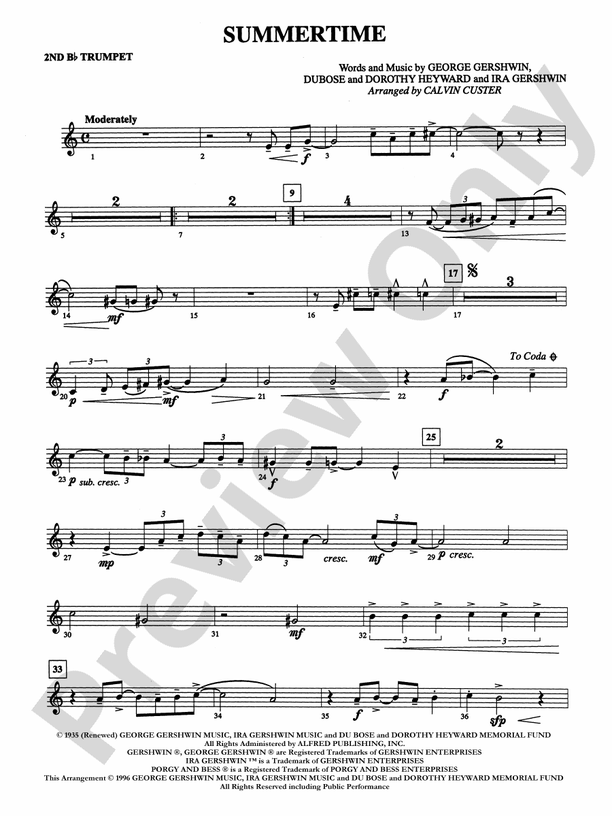 Summertime (from Porgy and Bess): 2nd B-flat Trumpet: 2nd B-flat Trumpet Part - Digital Sheet ...