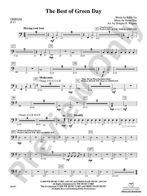 The Best of Green Day: Timpani: Timpani Part - Digital Sheet Music Download