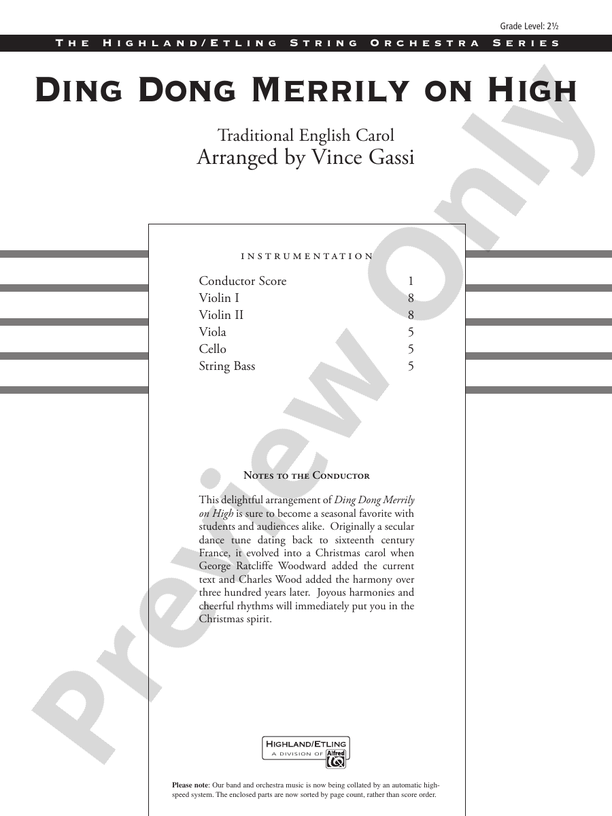 Ding Dong Merrily on High: String Orchestra Conductor Score & Parts - Digital Sheet Music Download