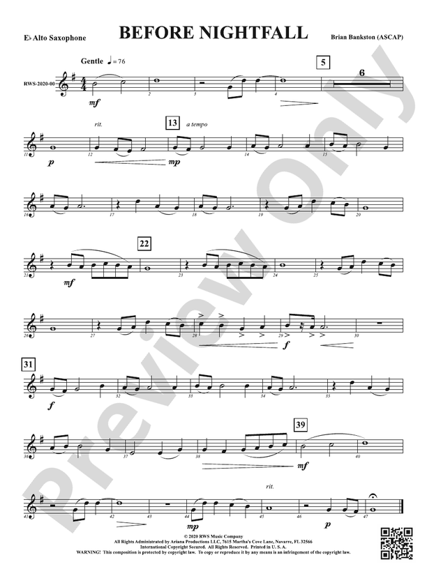 Before Nightfall: 1st E-flat Alto Saxophone: 1st E-flat Alto Saxophone Part: Brian Bankston ...