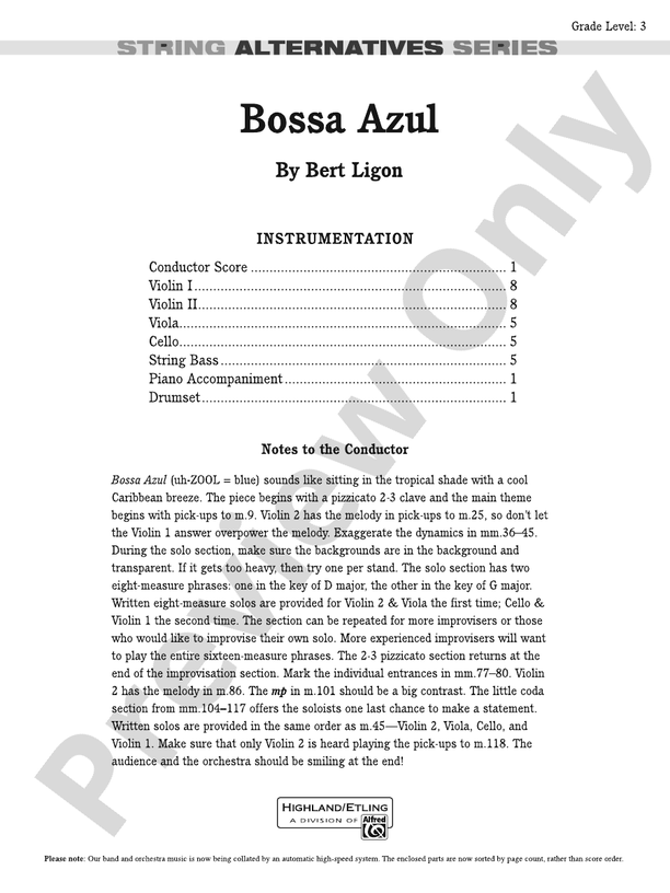 Bossa Azul: Score: String Orchestra Score - Digital Sheet Music Download
