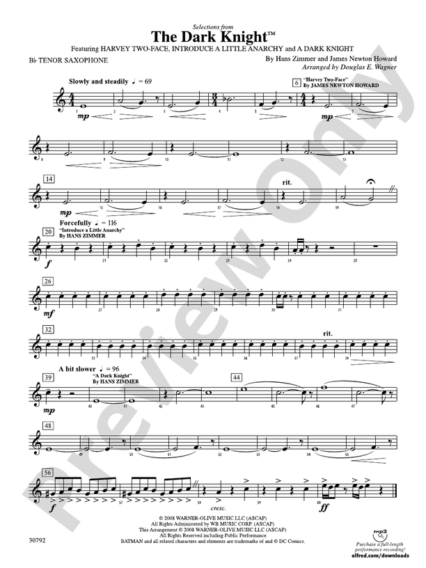 The Dark Knight, Selections from: B-flat Tenor Saxophone: B-flat Tenor ...