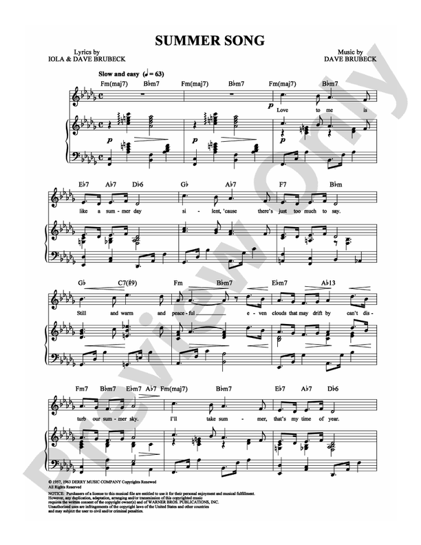 Summer Song: Piano/Vocal/Chords: Dave Brubeck - Digital Sheet Music ...