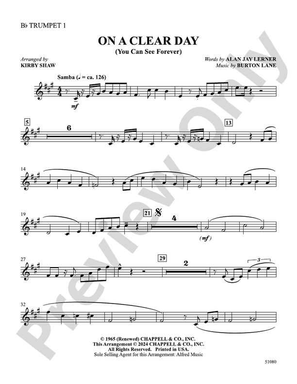 On a Clear Day: 1st B-flat Trumpet: 1st B-flat Trumpet Part - Digital Sheet Music Download